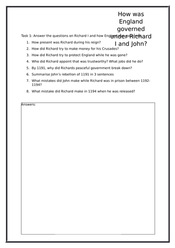 Edexcel 9-1 Paper 2 - Richard I and King John - Unit 1 | Teaching Resources