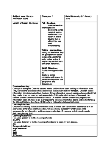 Literacy Year 1. Non-fiction. information text. Glossary. Transport ...