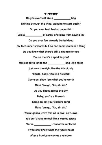 Firework song comprehension English listening skills + poetic devices ...