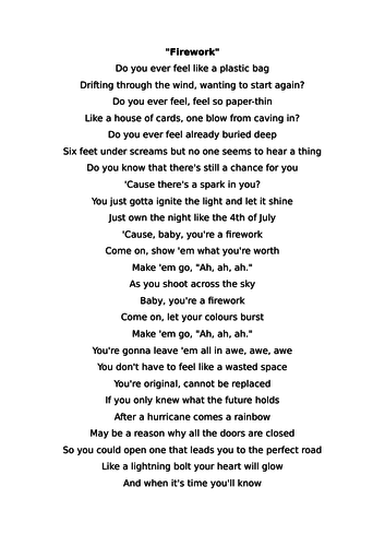 Firework song comprehension English listening skills + poetic devices ...