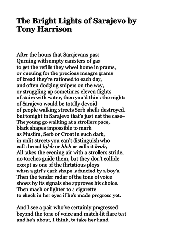 Reading Comprehension on The Bright Lights of Sarajevo by Tony Harrison ...