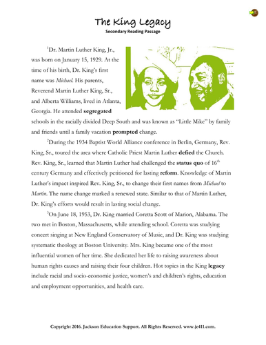The King Legacy - Secondary Literacy Activity | Teaching Resources