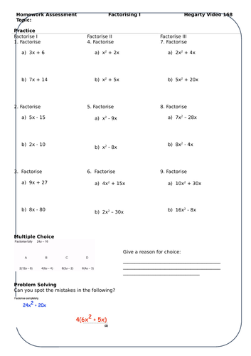 Factorising Single Brackets Homework with Answers | Teaching Resources