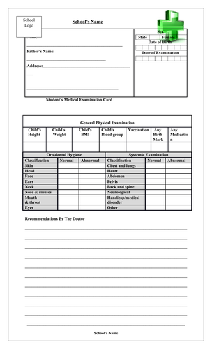 Medical checkup card of School | Teaching Resources
