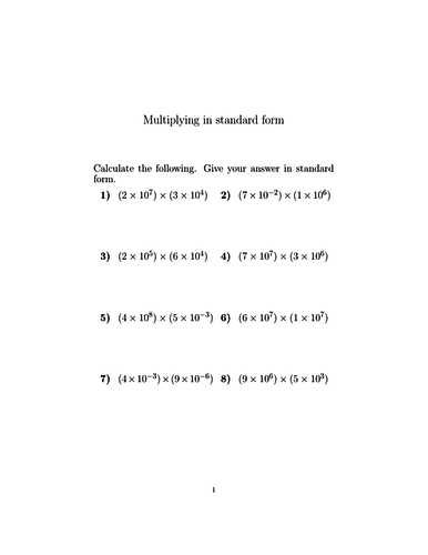 Multiplying in standard form worksheet (with solutions) | Teaching ...
