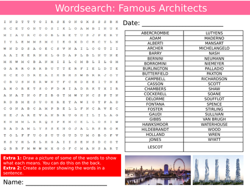 Famous Architects Wordsearch Sheet Keywords KS3 Settler Starter Cover ...