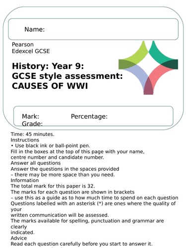 WWI- Causes of WWI full assessment with model answers for feedback ...