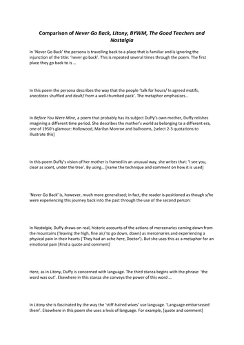 Cloze exercise: Duffy poems 'Meantime' (Never Go.., Litany, Before You ...