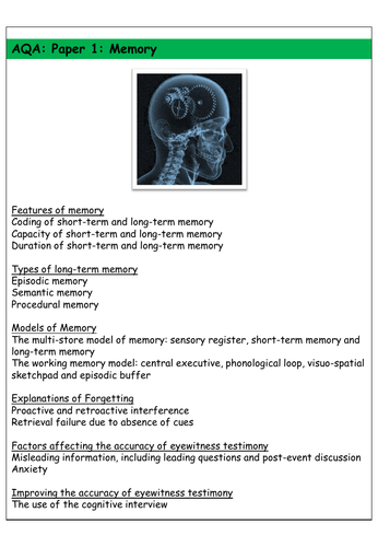 Memory Revision Booklet AQA Psychology | Teaching Resources