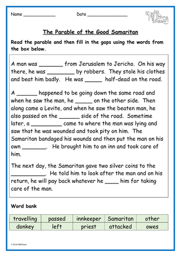 The Good Samaritan Worksheets - Reading Comprehension, Gap Filling ...