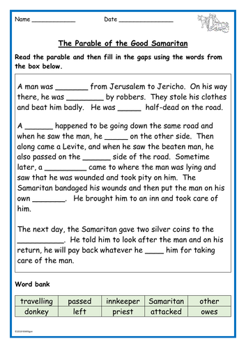 The Good Samaritan Worksheets - Reading Comprehension, Gap Filling ...