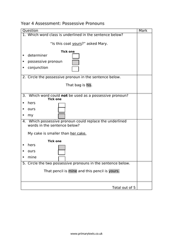 Year 4 Possessive Pronouns: PPT Lesson and Assessment | Teaching Resources