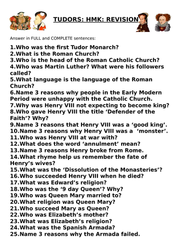 Tudor Worksheets: Henry VIII / Spanish Armada / Mary Queen of Scots ...
