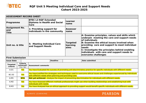 BTEC Level 3 Health and Social Care Unit 5 Meeting Individual Care and ...