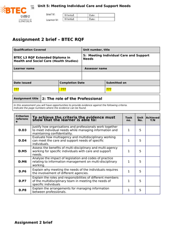 BTEC Level 3 Health and Social Care Unit 5 Meeting Individual Care and ...