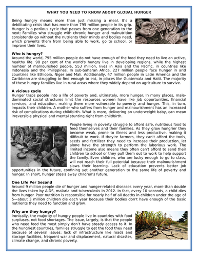 WHAT YOU NEED TO KNOW ABOUT GLOBAL HUNGER - Reading Comprehension ...