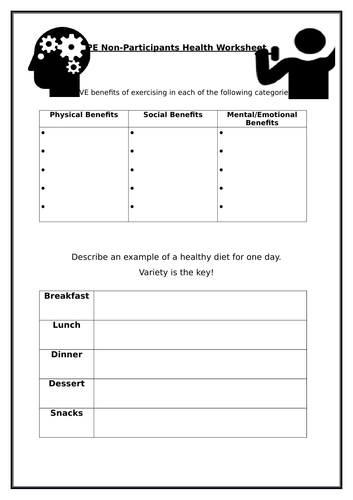 PE Non-Participants Health Worksheet | Teaching Resources