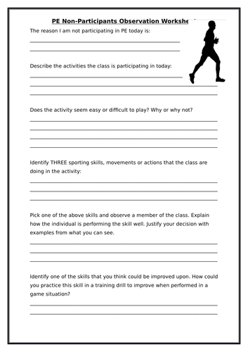 PE Non-Participants Observation Worksheet | Teaching Resources