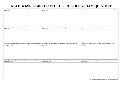 EDUQAS GCSE POETRY SAMPLE EXAM QUESTIONS | Teaching Resources