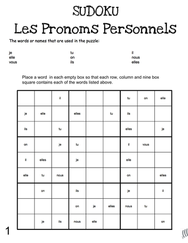 French subject pronouns sudoku games - Les pronoms personnels ...