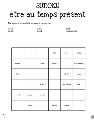 French verb être present tense sudoku games - Le verbe être au temps ...