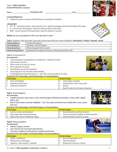 A-LEVEL PE: Skill Acquisition: Guidance Revision | Teaching Resources