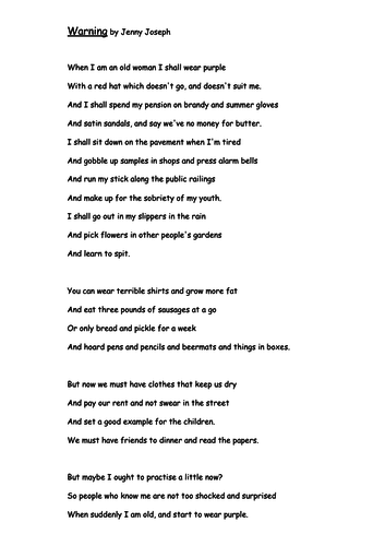 Warning poem - Jenny Joseph - 3 differentiated reading questions sheets ...