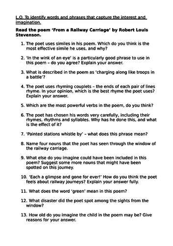 From a Railway Carriage poem RL Stevenson Differentiated comprehension ...