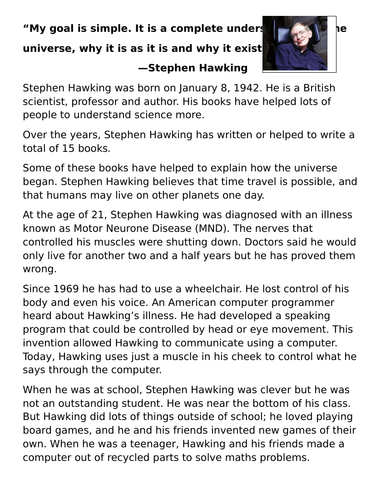 Stephen Hawking comprehension lesson differentiated KS2 | Teaching ...