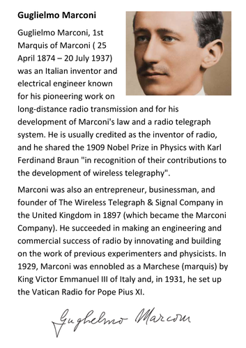 Guglielmo Marconi Handout | Teaching Resources