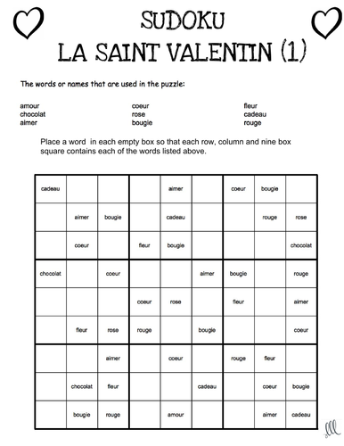 French Valentine's Day Sudoku Games - La Saint Valentin | Teaching ...