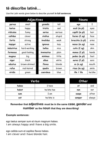 Latin Adjectives KS 3 Describing Me | Teaching Resources