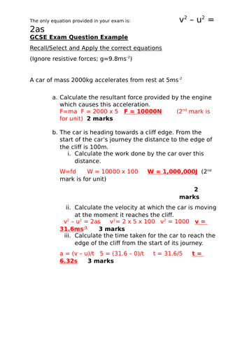 GCSE 9-1 Acceleration Formula Practice | Teaching Resources