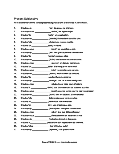 French present subjunctive worksheet - Il faut que - Subjonctif présent | Teaching Resources