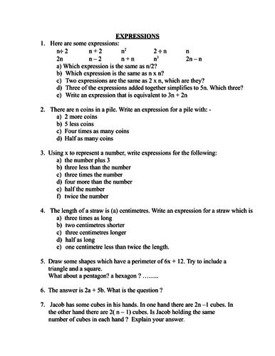 Year 7 Algebraic Expressions | Teaching Resources
