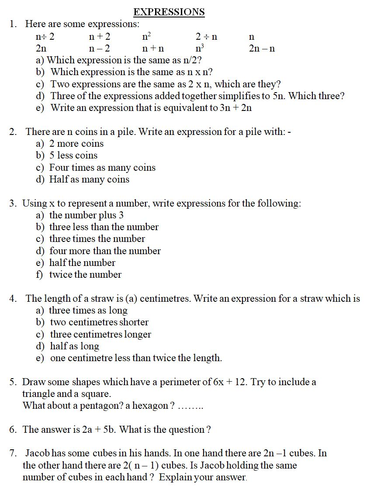 Year 7 Algebraic Expressions | Teaching Resources