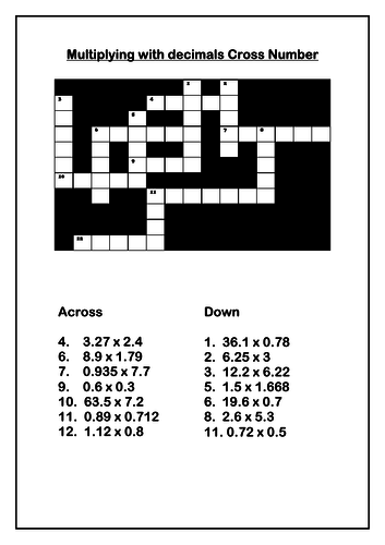 Multiplying with decimals cross number | Teaching Resources
