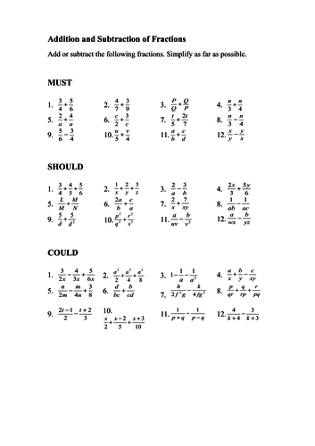Addition and Subtraction of Fractions | Teaching Resources