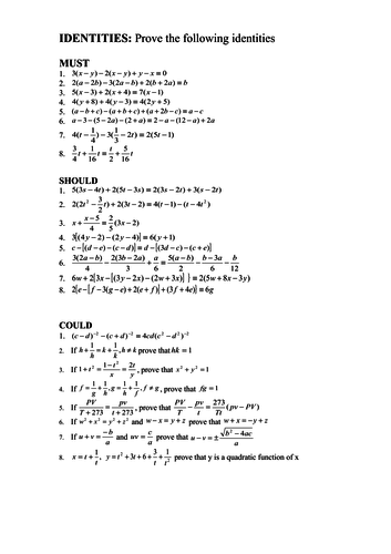 Algebraic Identities | Teaching Resources Algebraic Identities | Teaching Resources