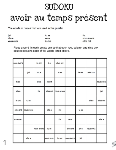 French verb avoir present tense sudoku games - Le verbe avoir au temps ...
