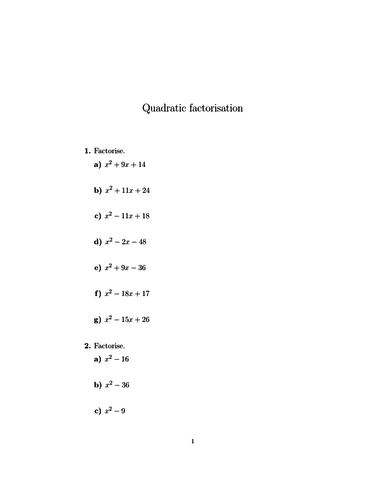 Quadratic factorisation worksheet (with solutions) | Teaching Resources