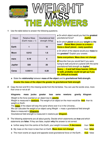 PHYSICS - MASS, WEIGHT AND GRAVITY | Teaching Resources