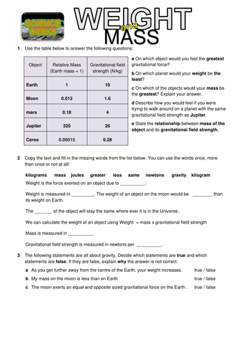 PHYSICS - MASS, WEIGHT AND GRAVITY | Teaching Resources