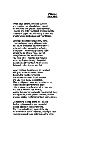 'Poppies' - Jane Weir | Teaching Resources