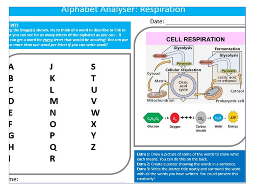 Respiration Alphabet Analyser Sheet Keywords KS3 Settler Starter Cover ...
