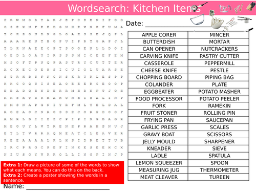 Common Kitchen Items Wordsearch Sheet Keywords KS3 Settler Starter ...