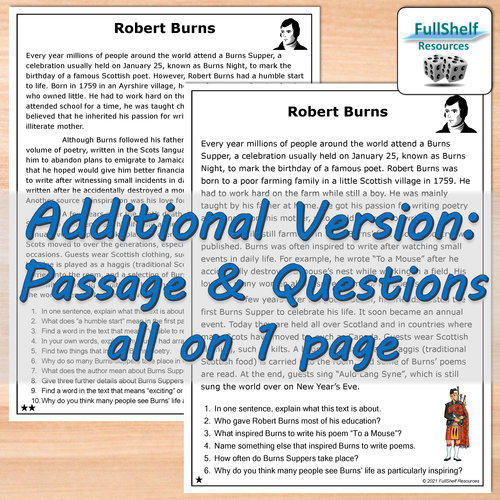 Robert Burns Reading Comprehension | Teaching Resources