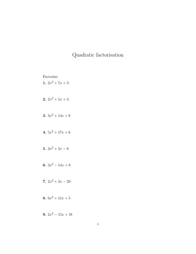 Quadratic Factorisation Coefficient Greater Than 1 Worksheet With Solutions Teaching Resources