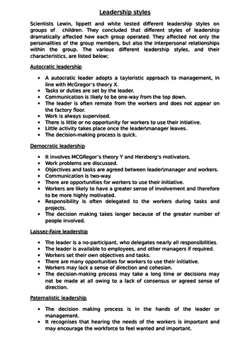 Business Leadership Styles Lesson Resources | Teaching Resources