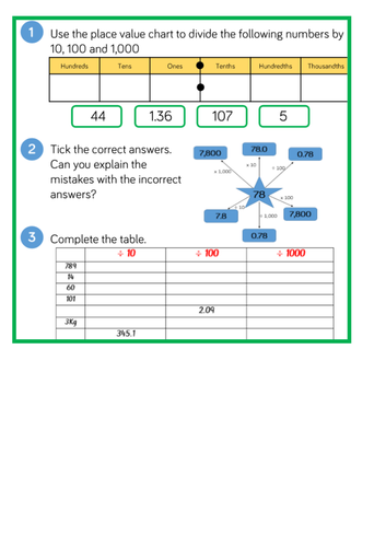 Divide numbers by 10, 100 and 1,000 giving answers up to 3 decimal ...